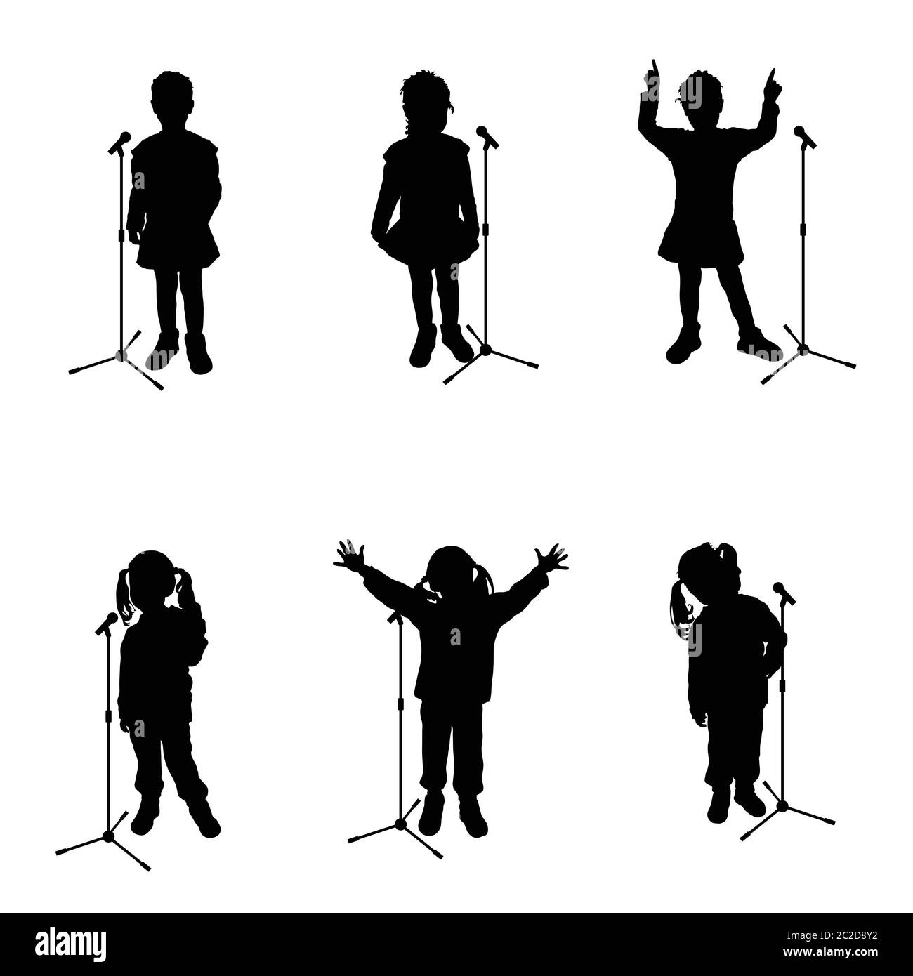child with microphone singing black silhouette on white Stock Vector ...