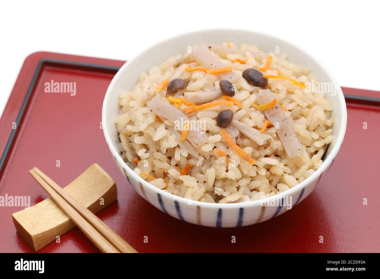 Japanese food, Takikomi gohan boiled rice on red tray Stock Photo - Alamy