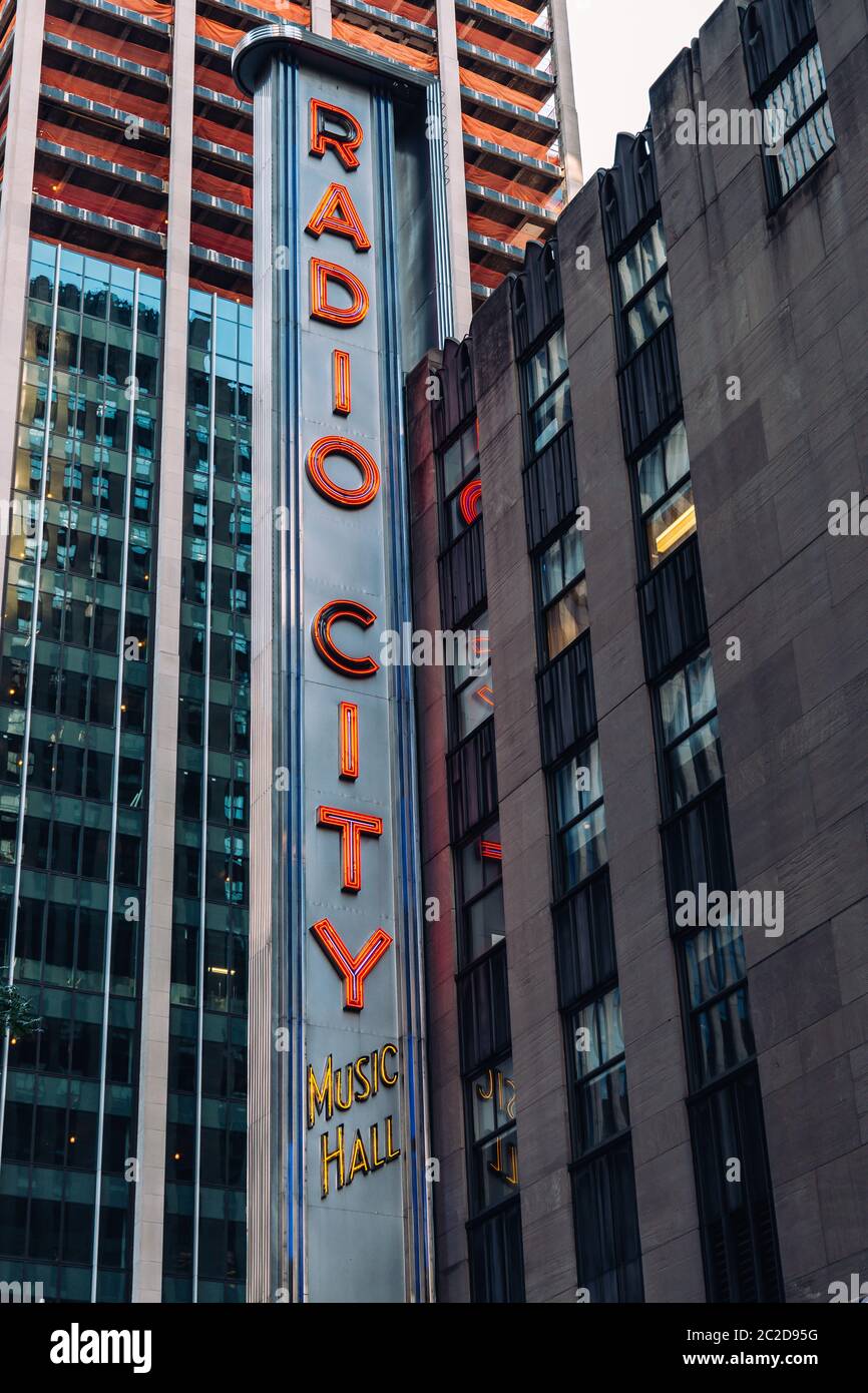New York City / USA - JUL 19 2018: Radio City sign and buildings facade ...