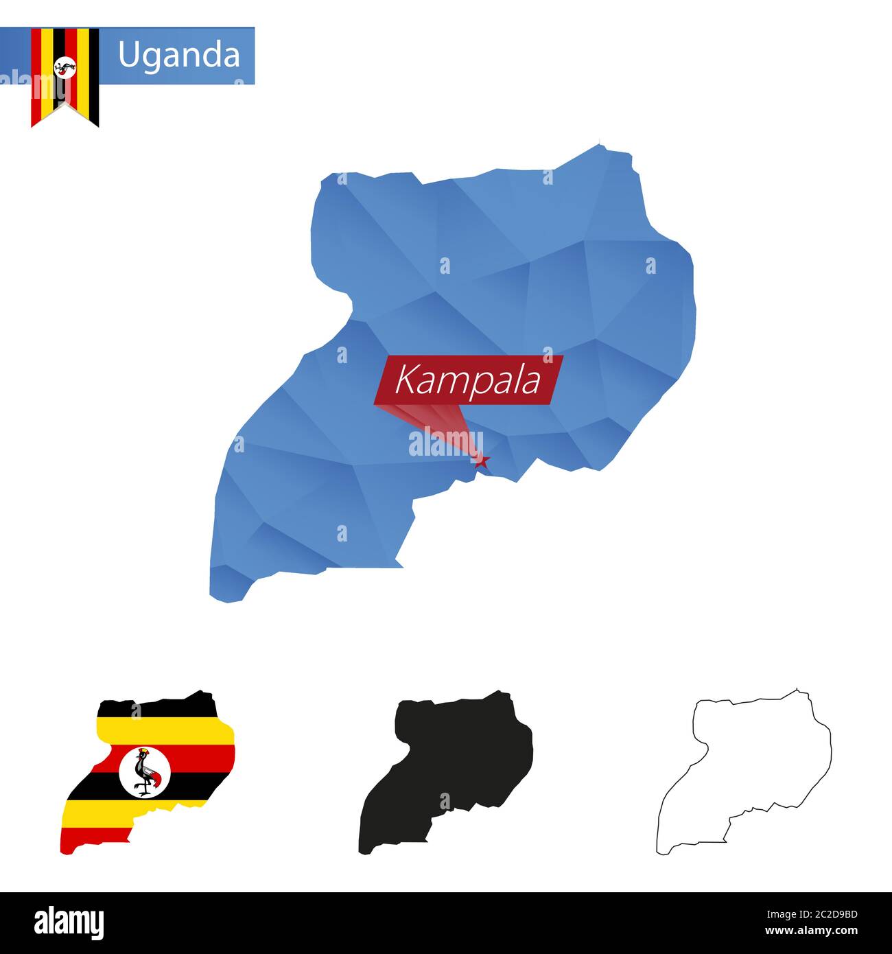 Uganda blue Low Poly map with capital Kampala, versions with flag ...