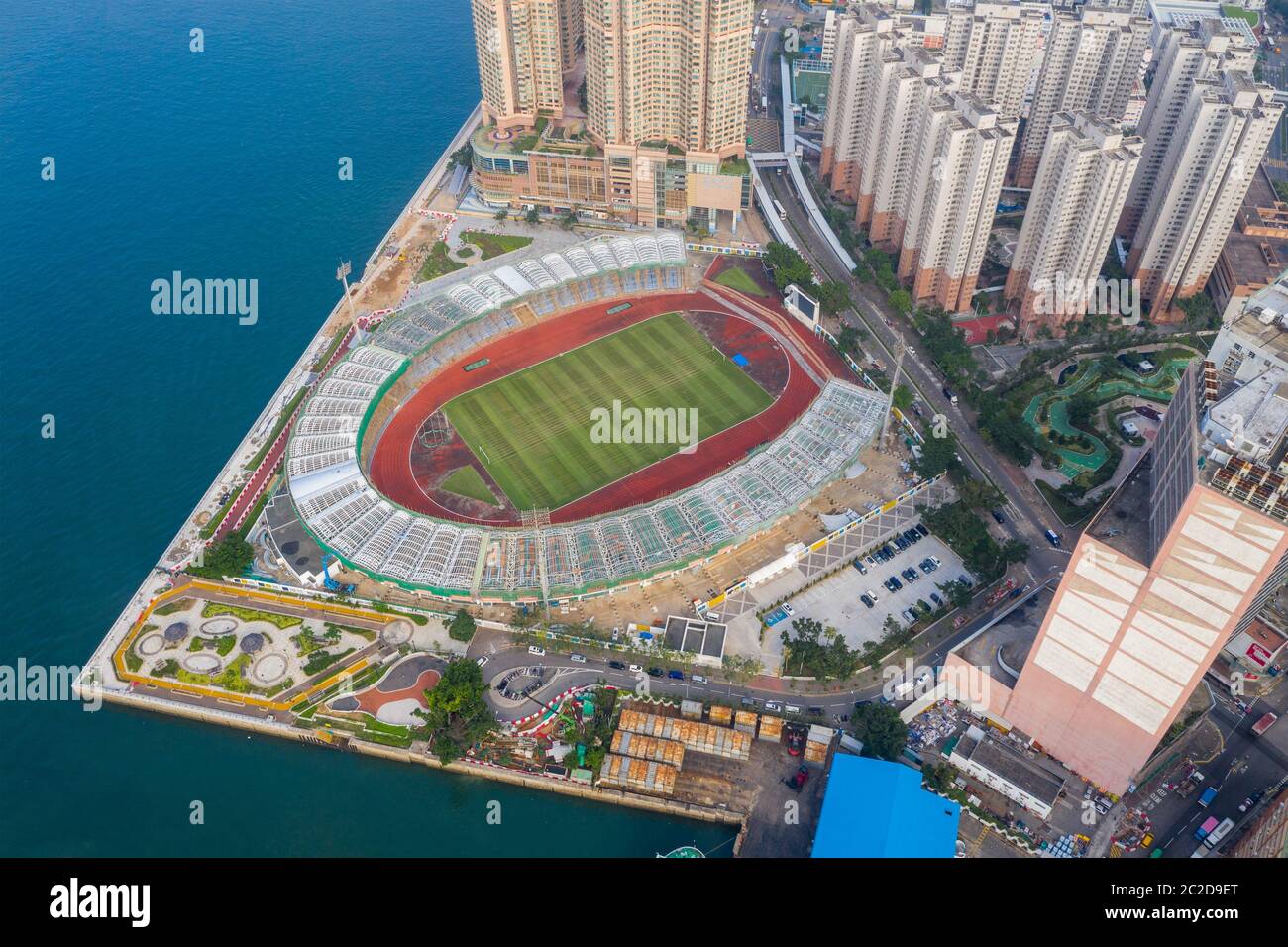 Chai Wan, Hong Kong 22 May 2019: Aerial view of Hong Kong sport stadium ...