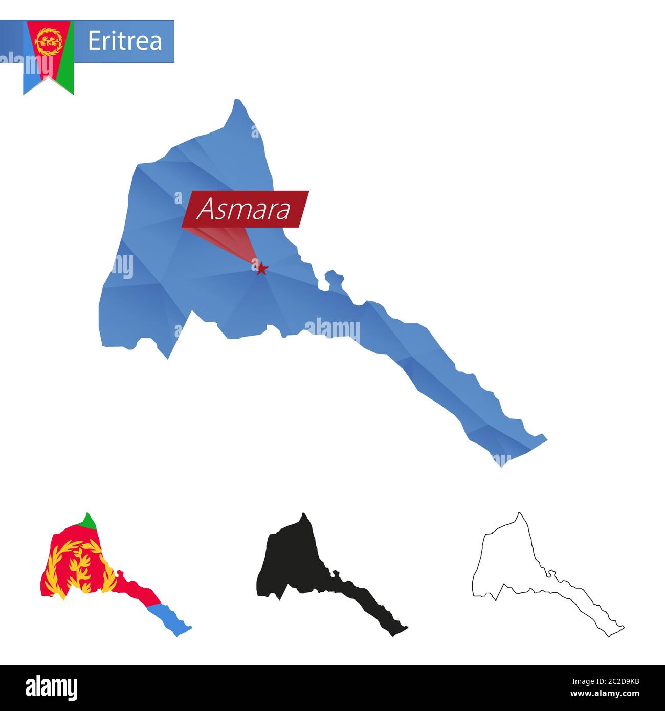 Eritrea blue Low Poly map with capital Asmara, versions with flag, black and outline. Vector ...