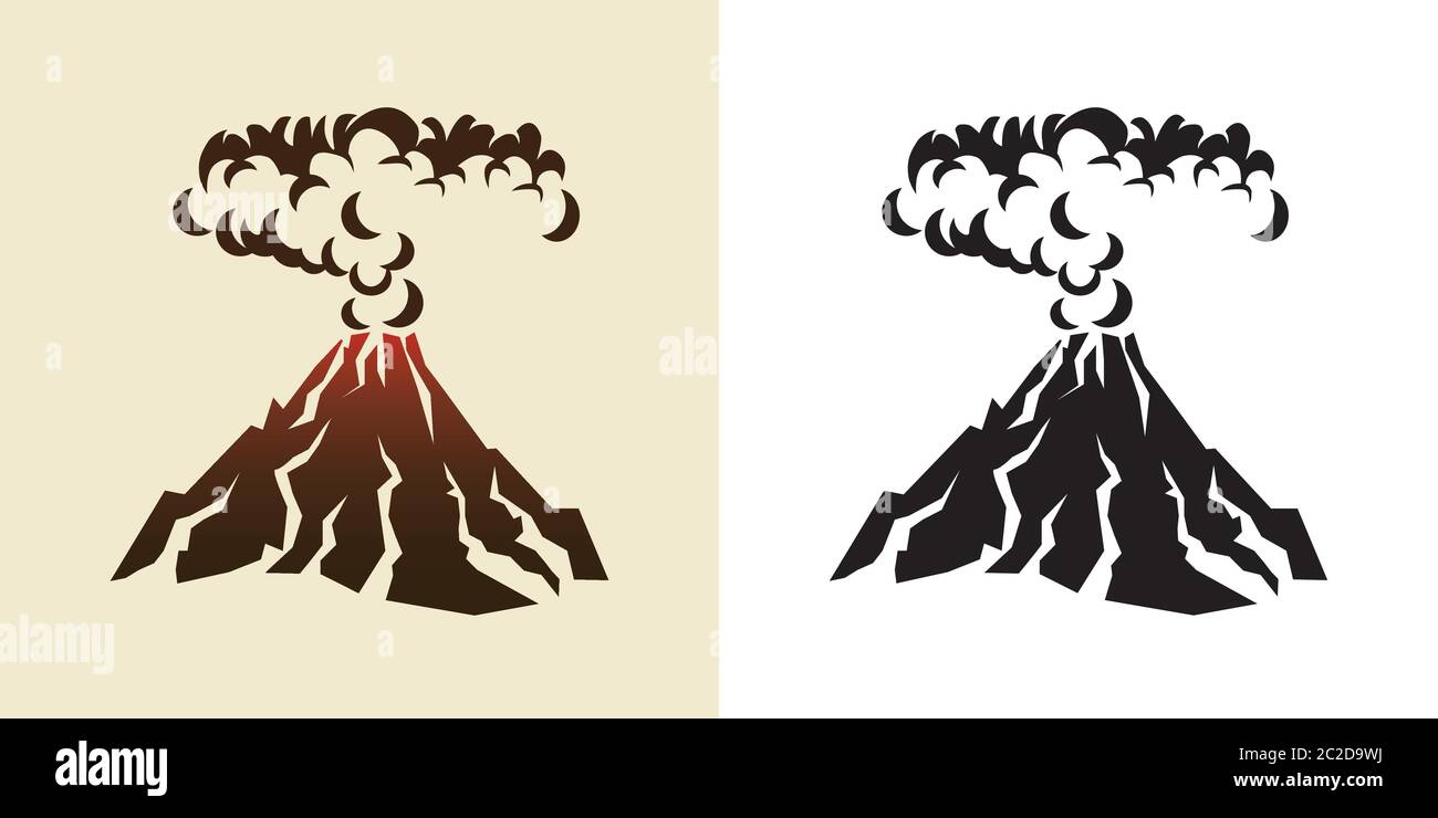 stylized illustration of a volcanic eruption with black clouds of smoke ...