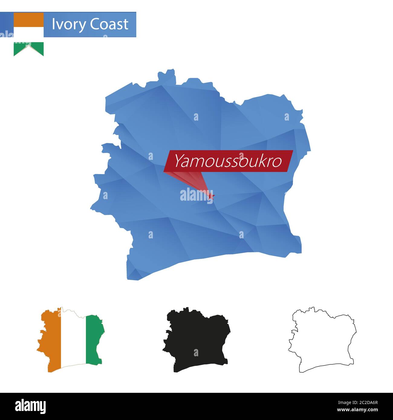 Ivory Coast blue Low Poly map with capital Yamoussoukro, versions with ...
