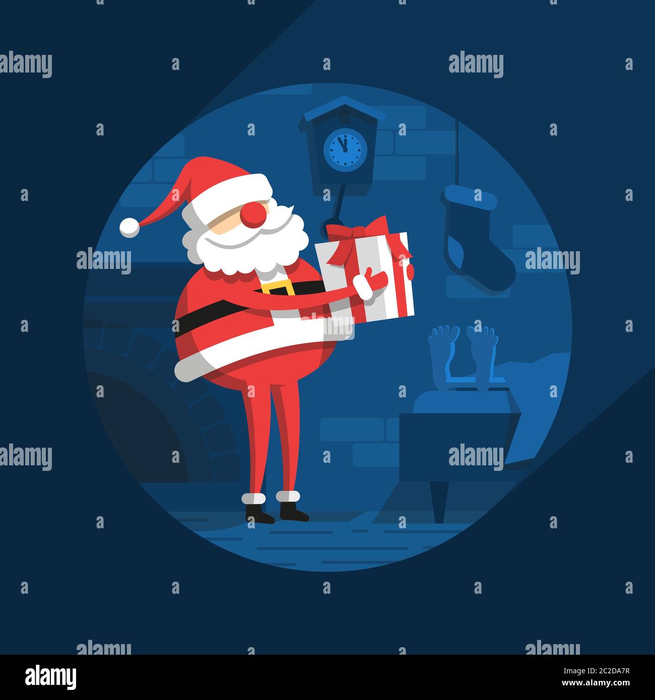 Santa Claus at night puts gift near the bed of sleeping man Stock ...