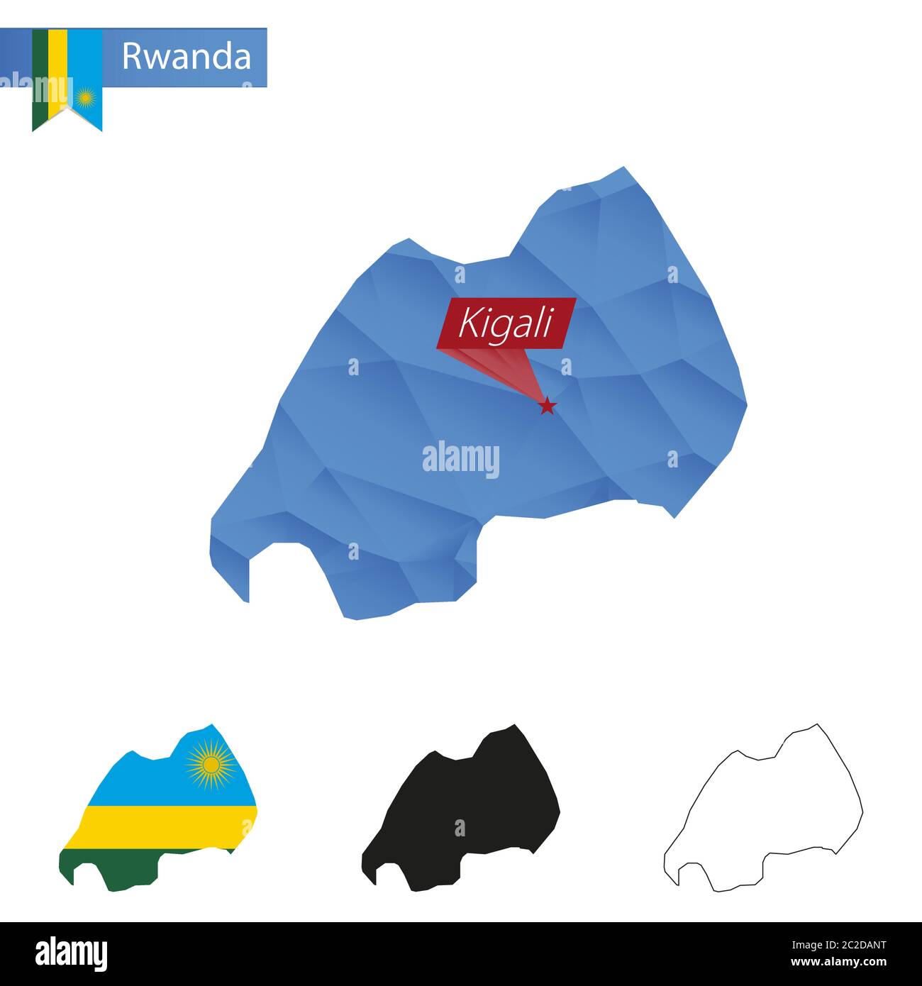 Rwanda blue Low Poly map with capital Kigali, versions with flag, black ...