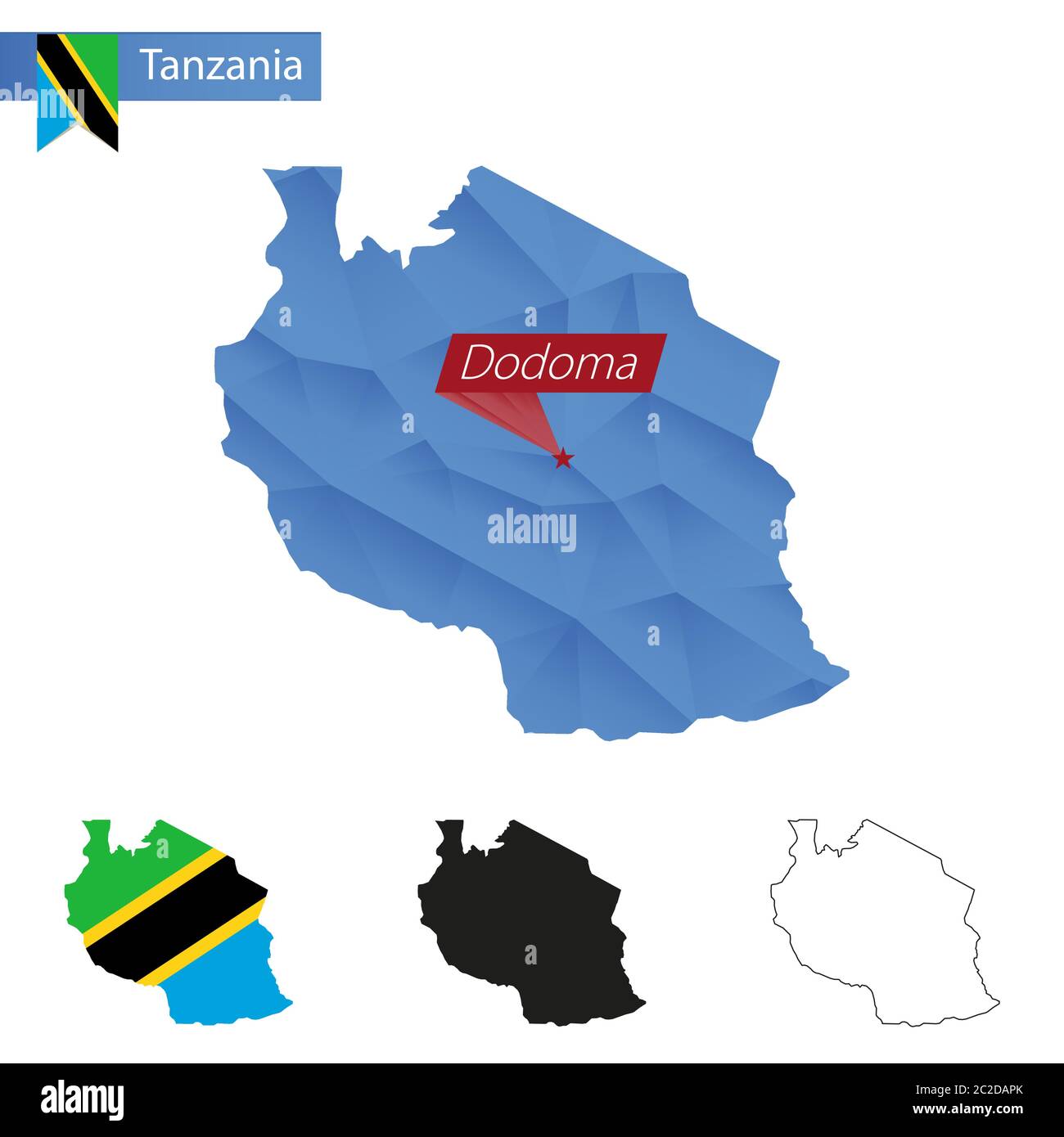 Tanzania blue Low Poly map with capital Dodoma, four versions of map ...