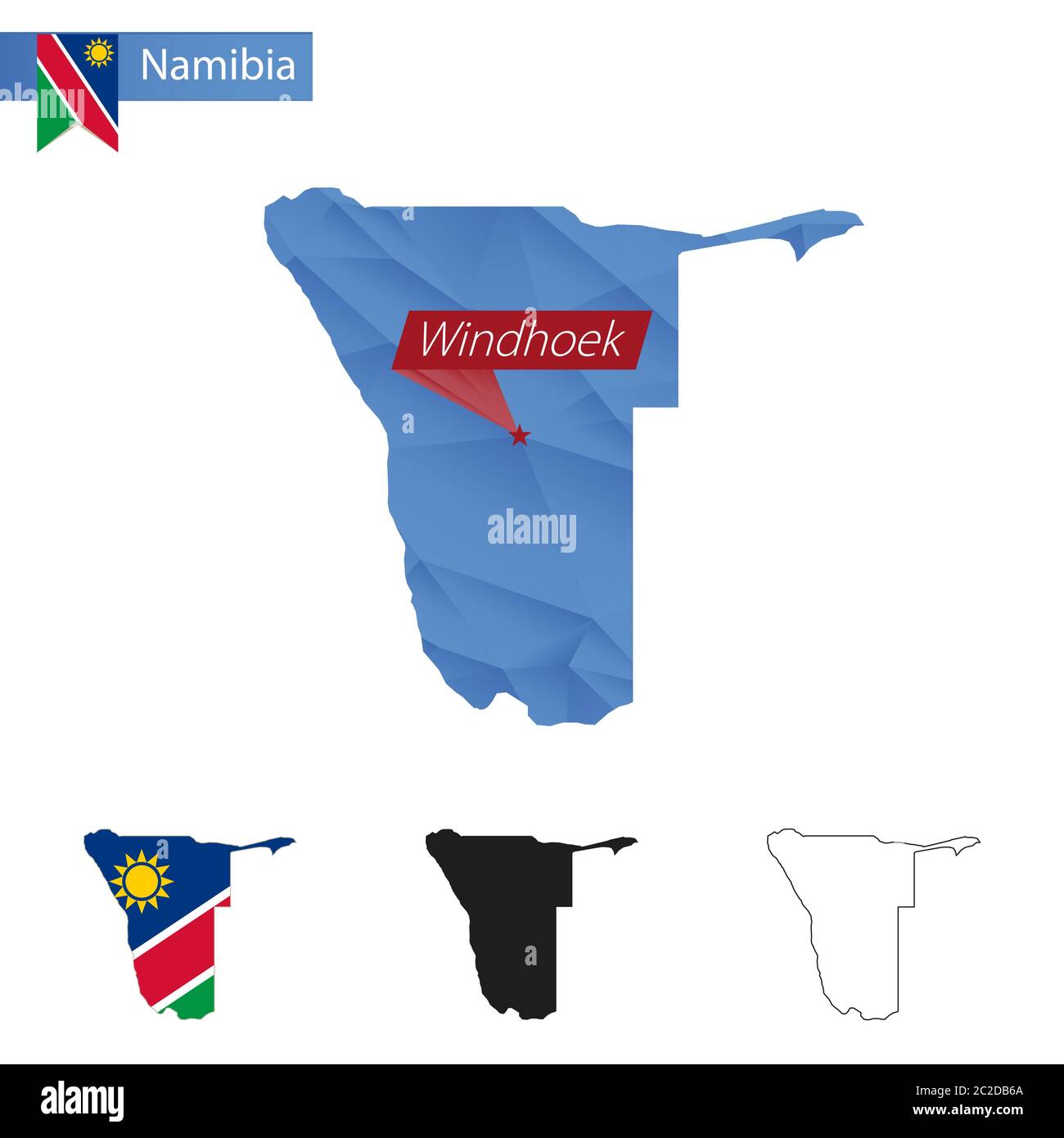 Namibia blue Low Poly map with capital Windhoek, four versions of map ...