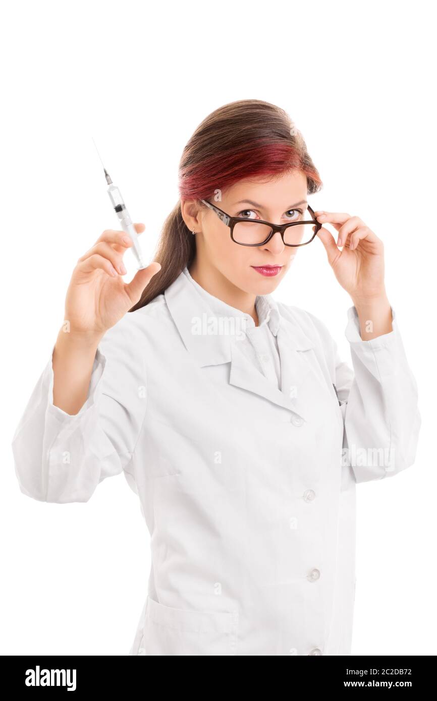 Come on now, it's your turn. Young doctor giving an injection, isolated ...