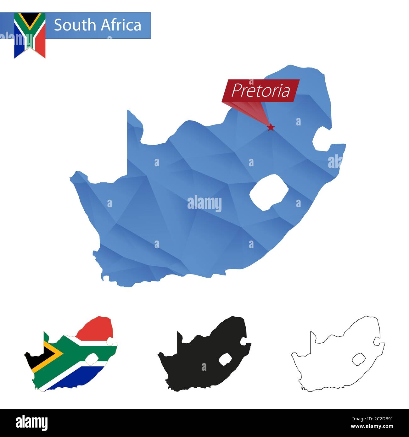 South Africa blue Low Poly map with capital Pretoria, four versions of ...