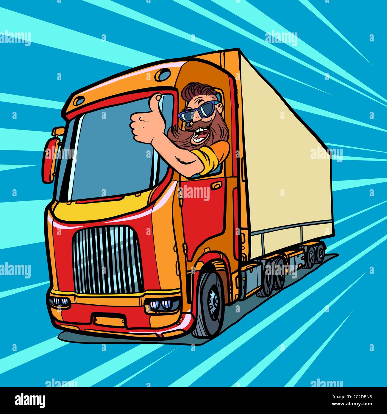 truck driver. man with beard thumbs up. Comic cartoon pop art retro ...