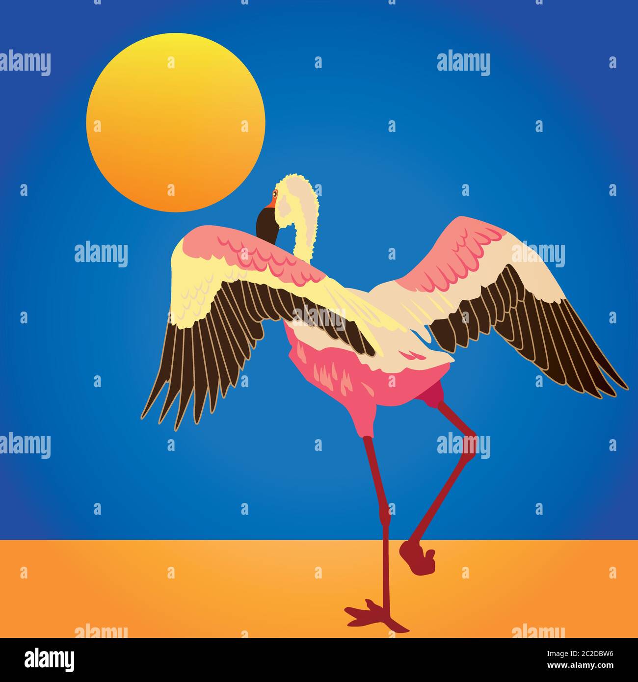 Stylized illustration of flamingo with wings spread on the shore Stock ...