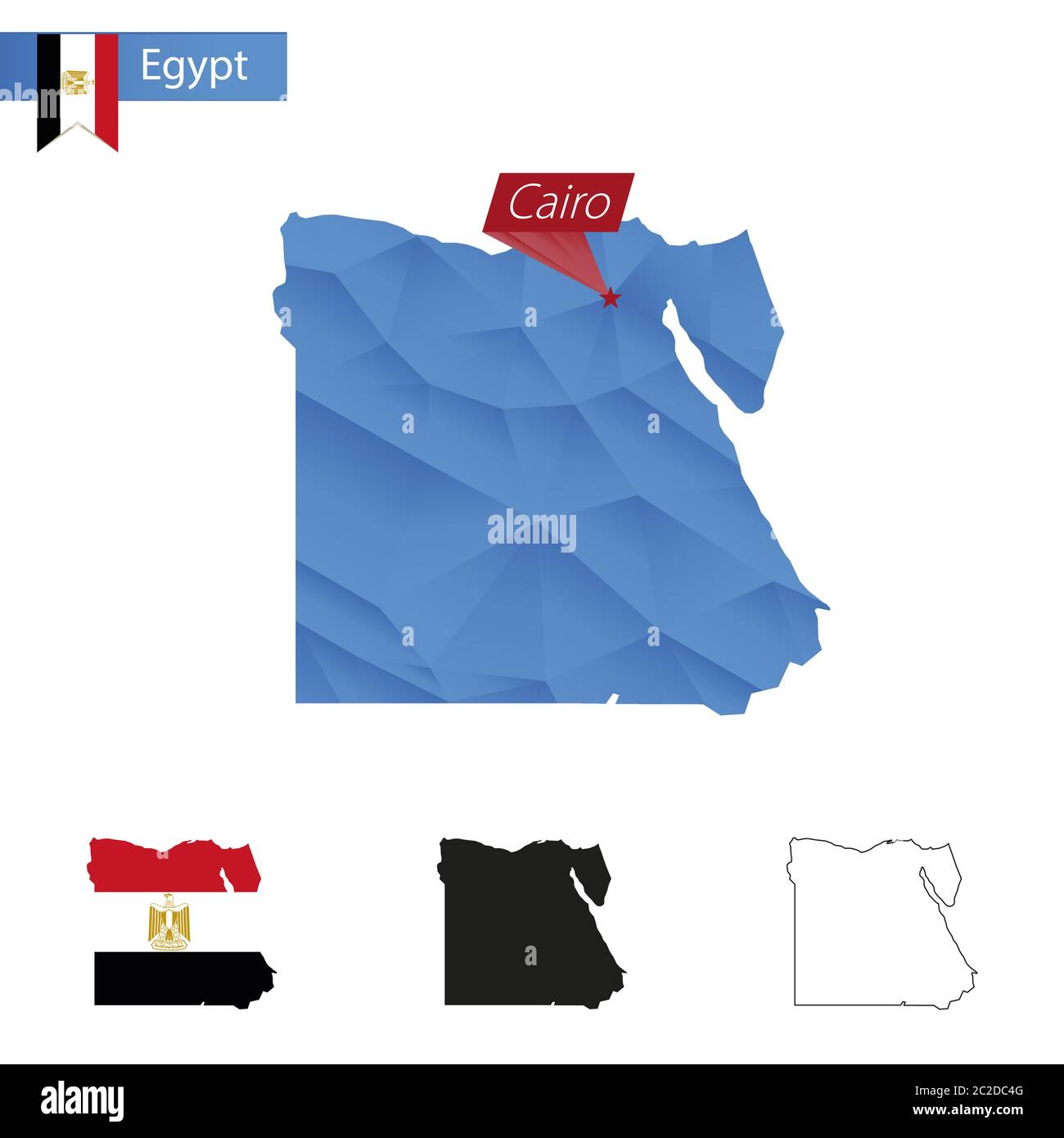 Egypt blue Low Poly map with capital Cairo, versions with flag, black ...