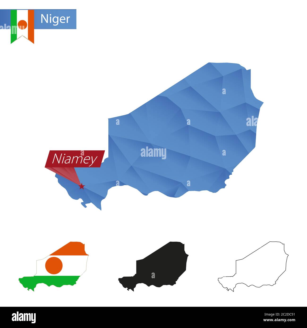 Niger blue Low Poly map with capital Niamey, four versions of map ...