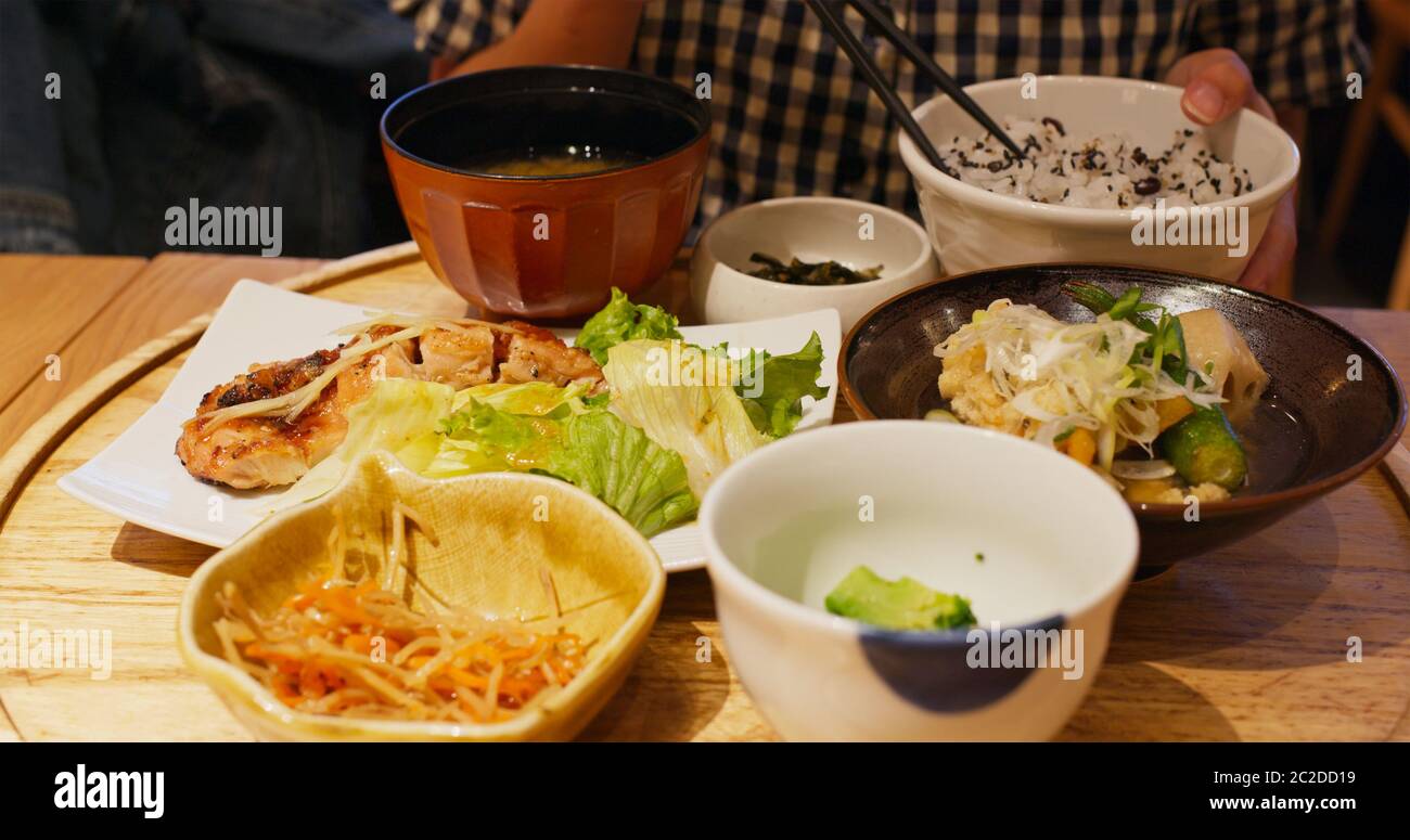 Japanese restaurant dinner meal with grilled fish and rice Stock Photo ...