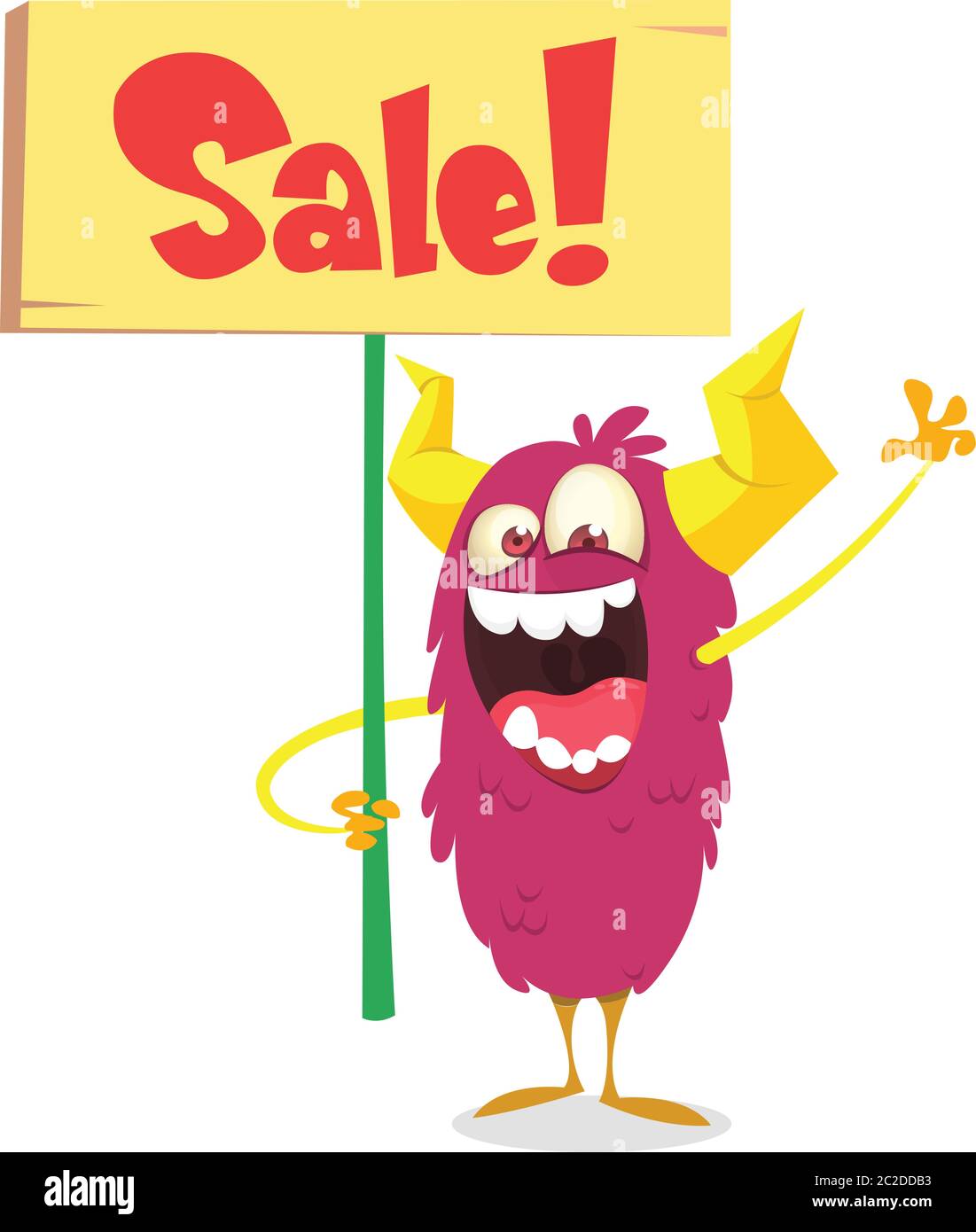 Funny cartoon monster holding a sign with title Sale on it. Cartoon ...