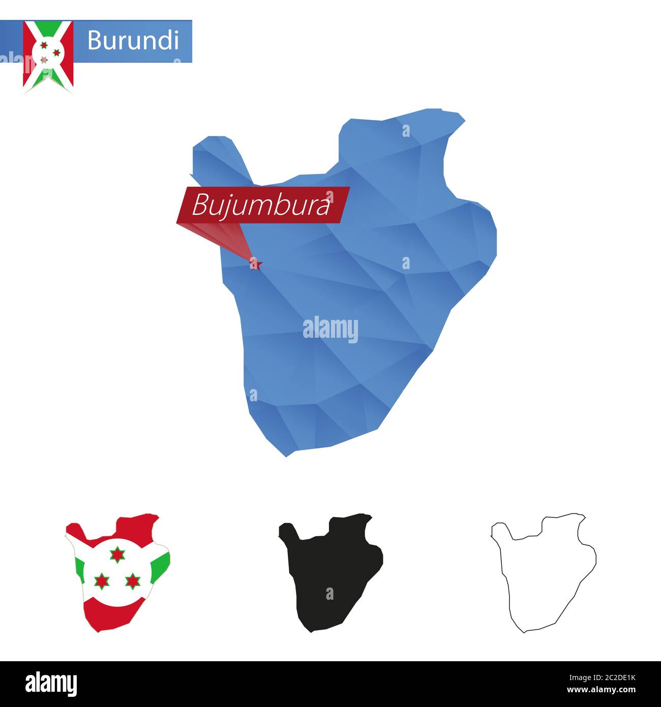 Burundi Blue Low Poly Map With Capital Bujumbura Versions With Flag