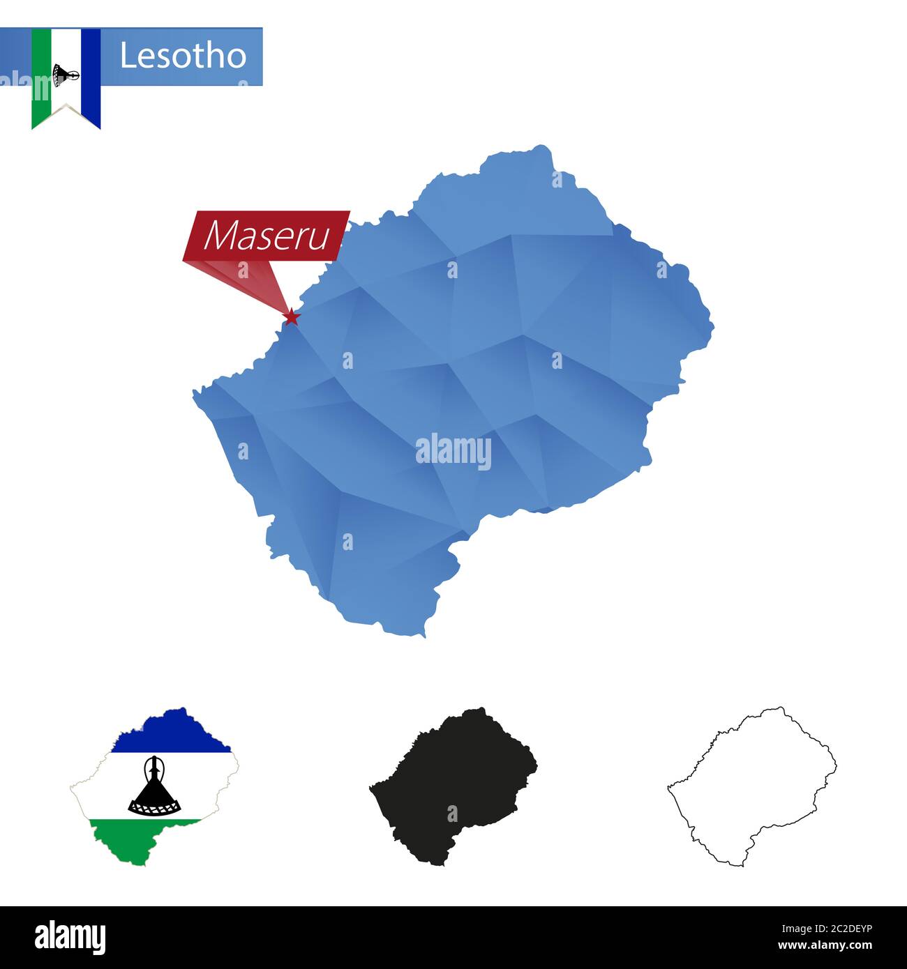 Lesotho Blue Low Poly Map With Capital Maseru Versions With Flag