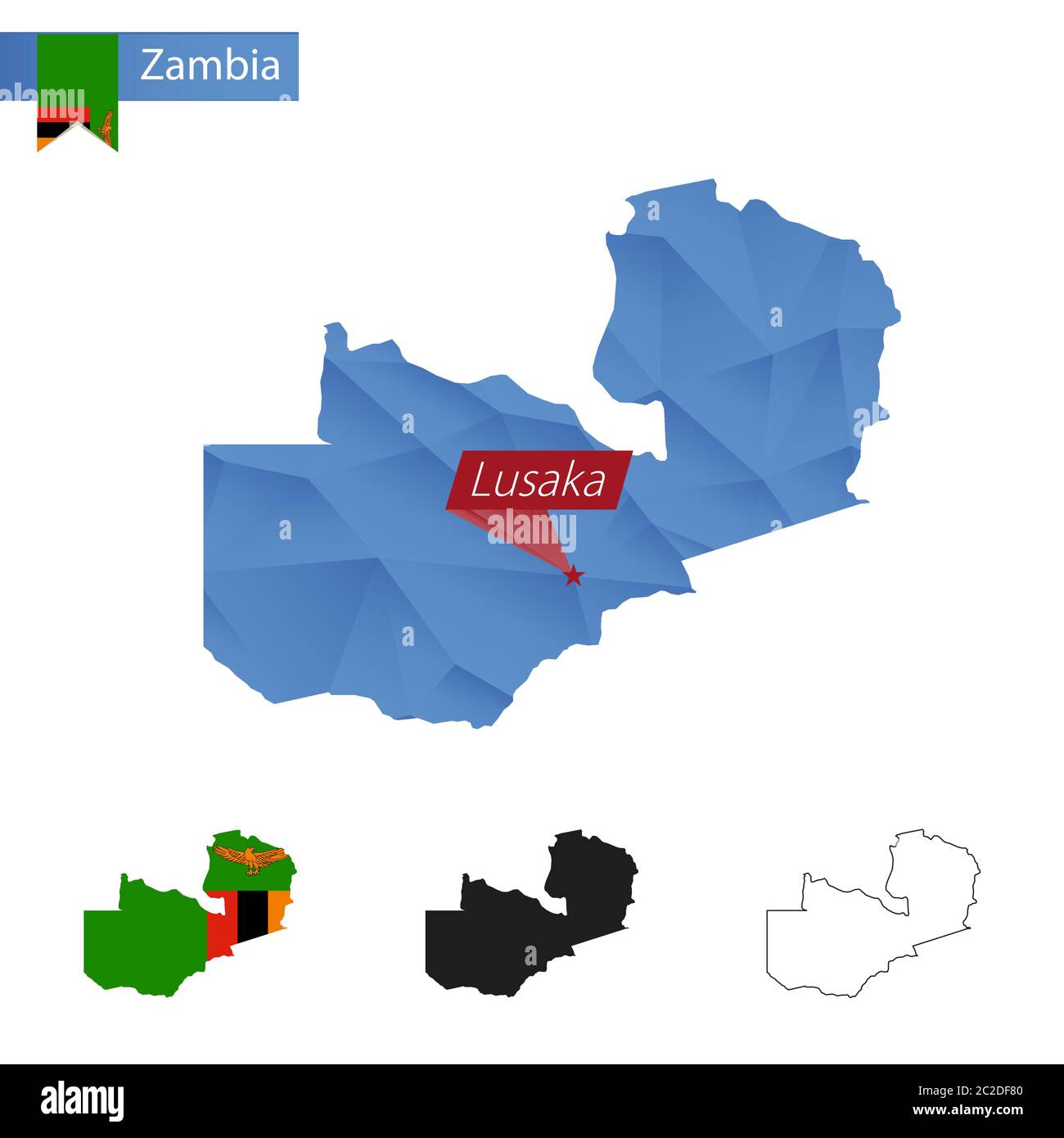 Zambia blue Low Poly map with capital Lusaka, versions with flag, black ...
