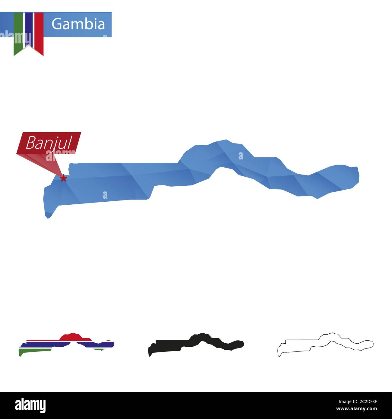 Gambia blue Low Poly map with capital Banjul, versions with flag, black and outline. Vector ...