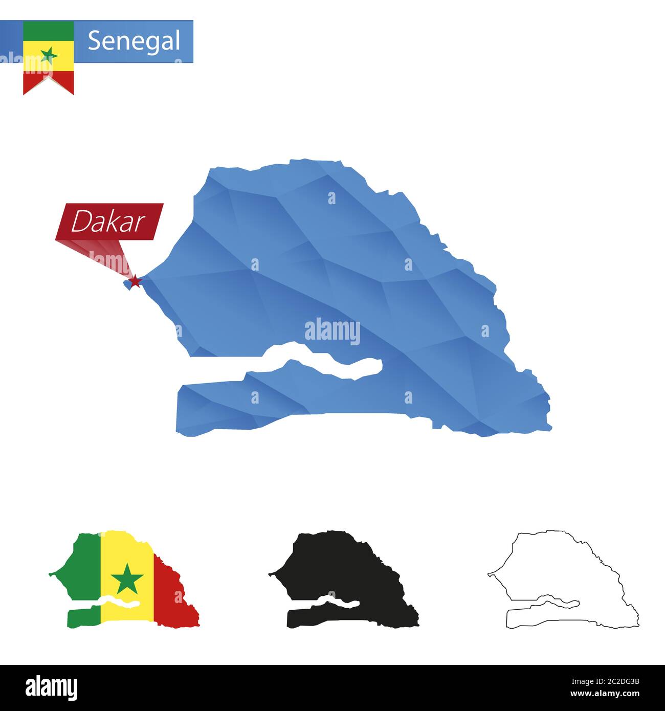 Senegal blue Low Poly map with capital Dakar, versions with flag, black and outline. Vector ...