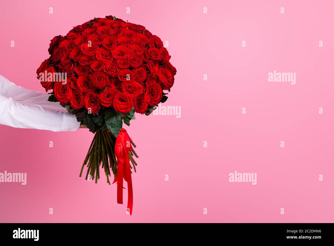 Photo of cropped man arms hold big one hundred red bright roses bunch ...