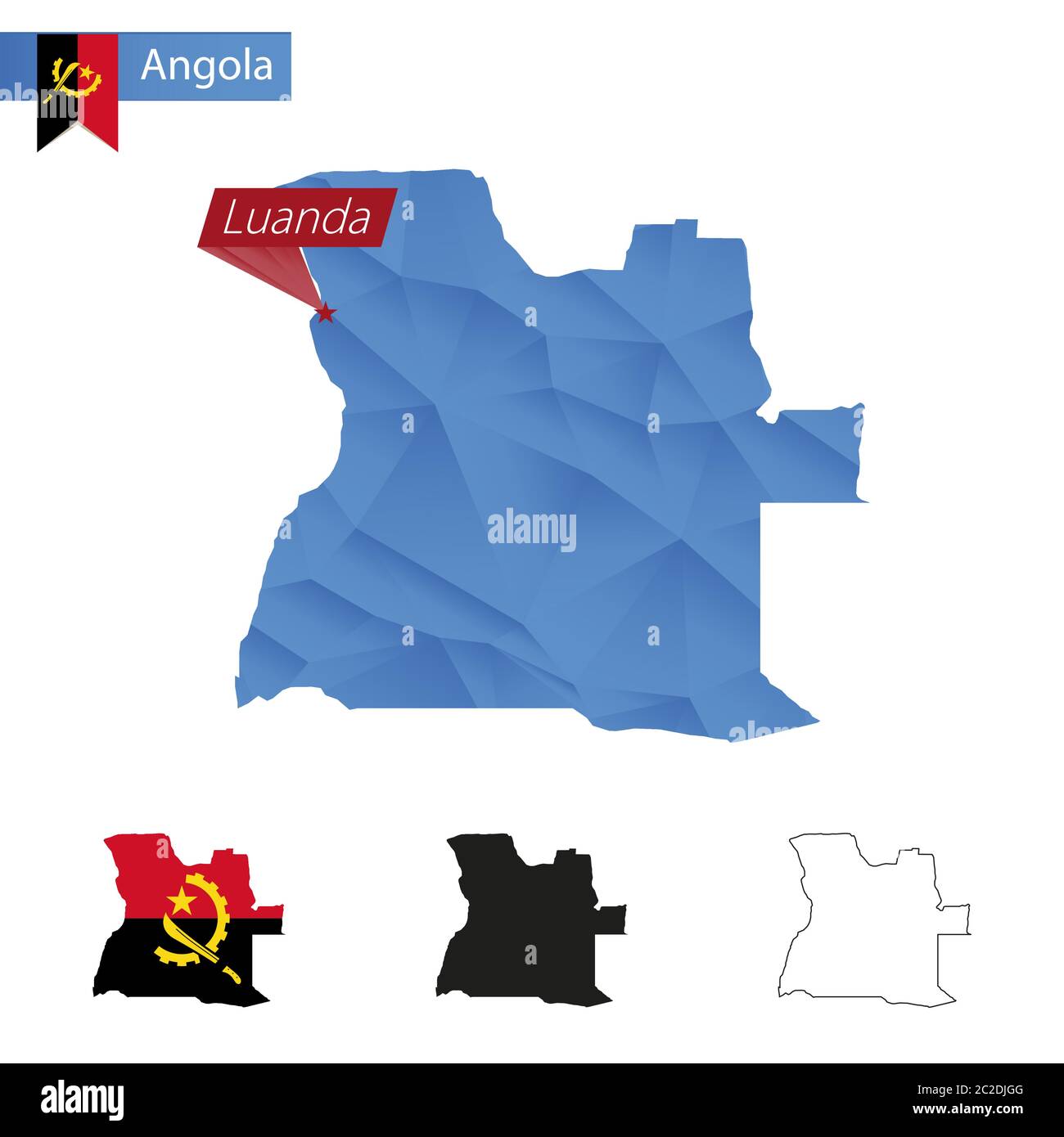 Angola blue Low Poly map with capital Luanda, versions with flag, black ...