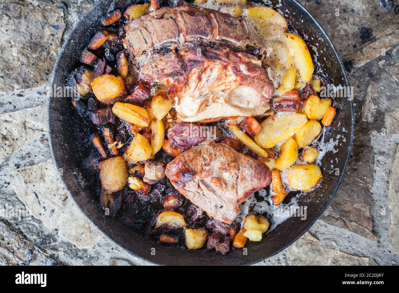 Traditional Balkan Food, fresh baked sliced potatoes and beef meat ...