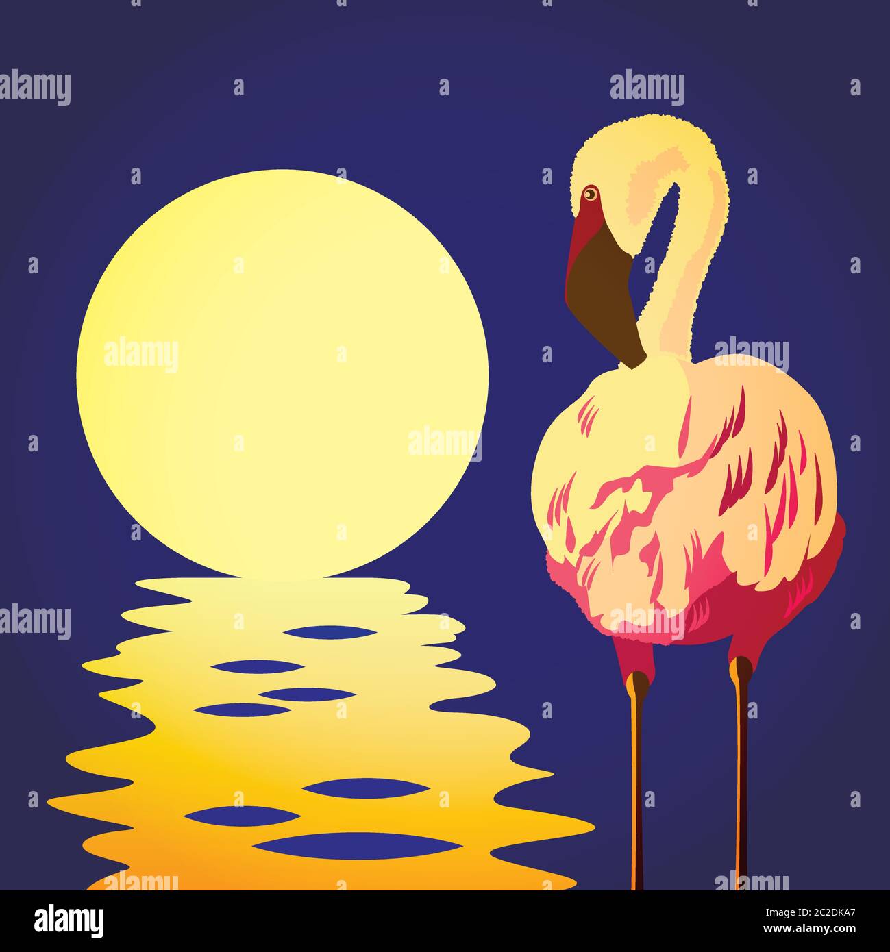 Stylized illustration of flamingo in the sun on the waterfront Stock ...
