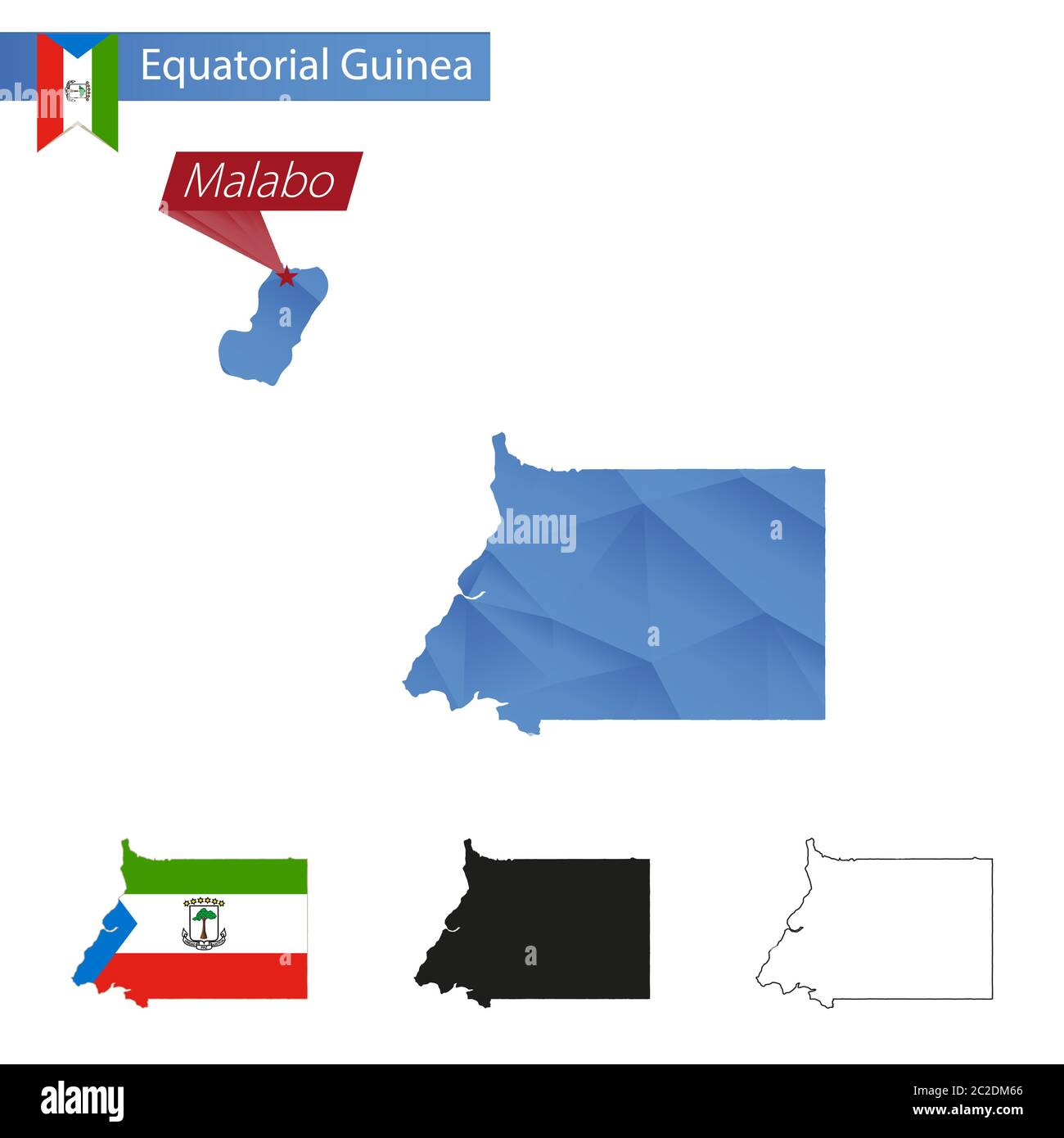 Equatorial Guinea blue Low Poly map with capital Malabo, four versions ...