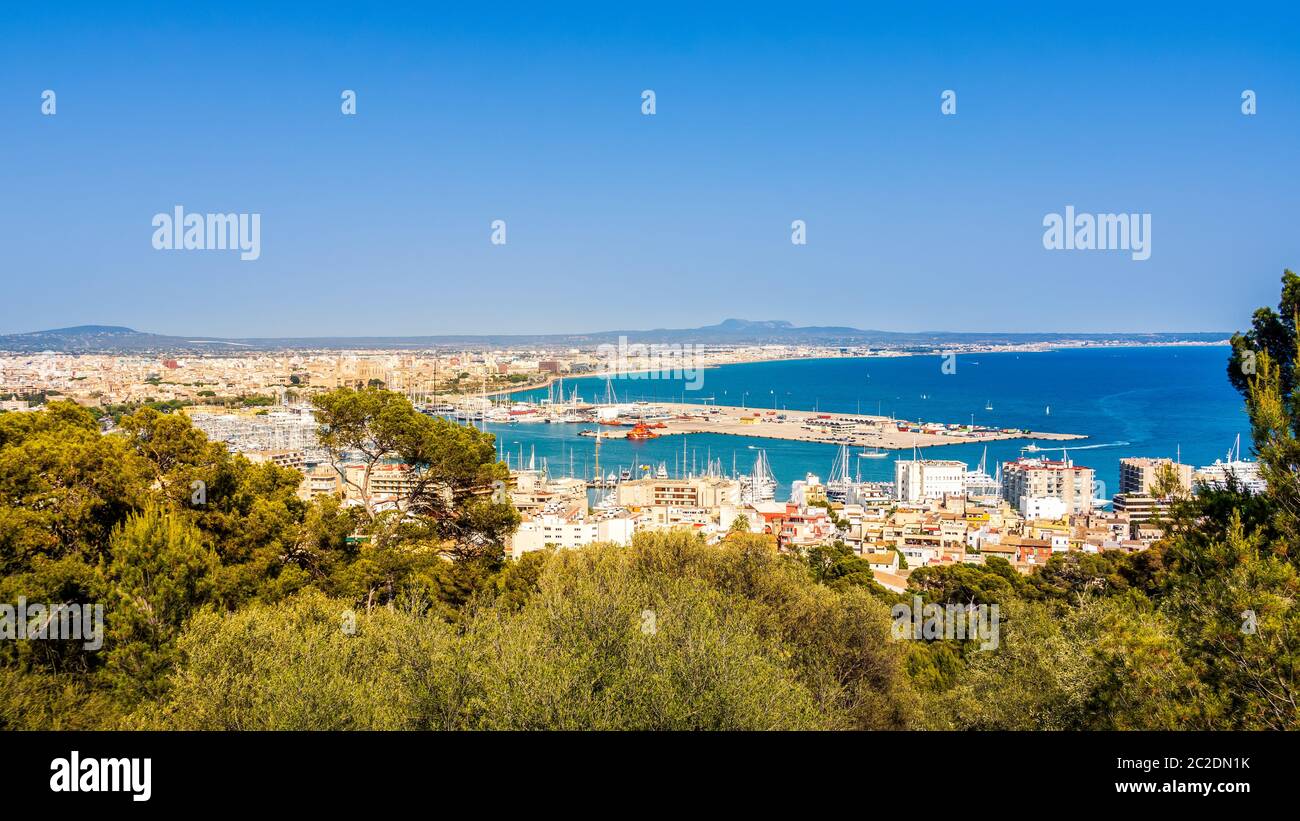 Aerial and panoramic view of the bay with port and historical centre of ...