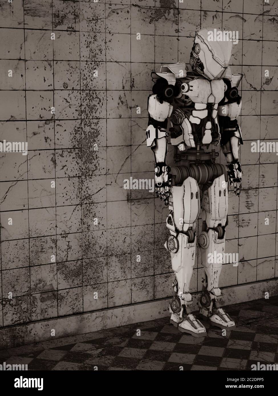 3D rendering of a futuristic beaten robot standing against a grungy ...
