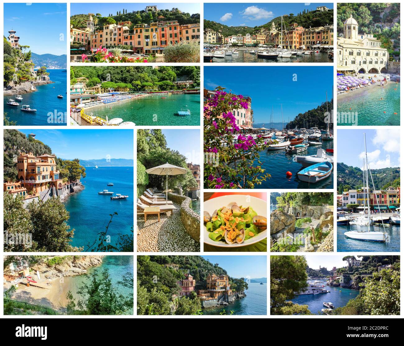 Collage about beautiful bay with colorful houses in Portofino, Liguria ...