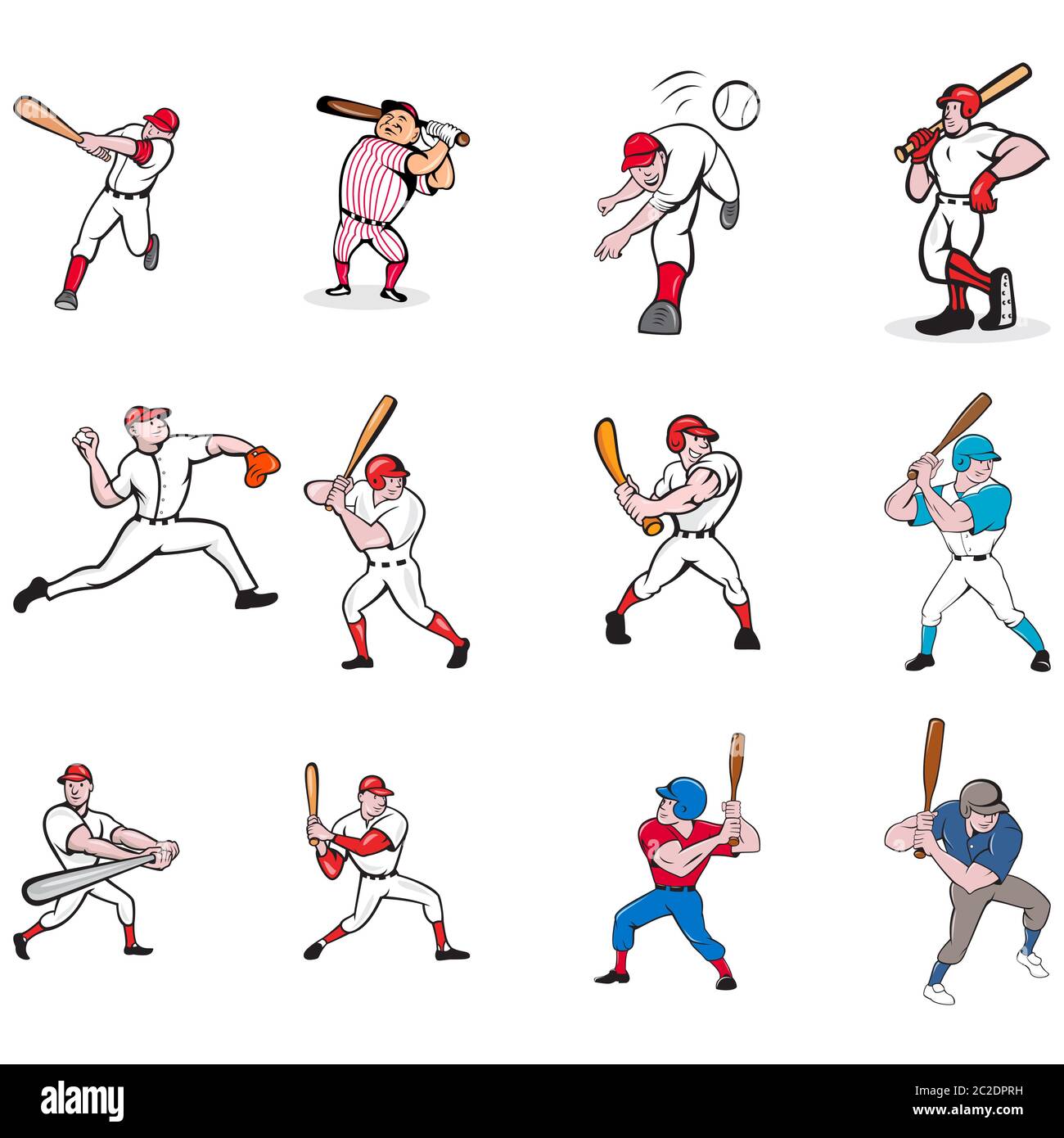 Set or collection illustration of American baseball player, pitcher or ...