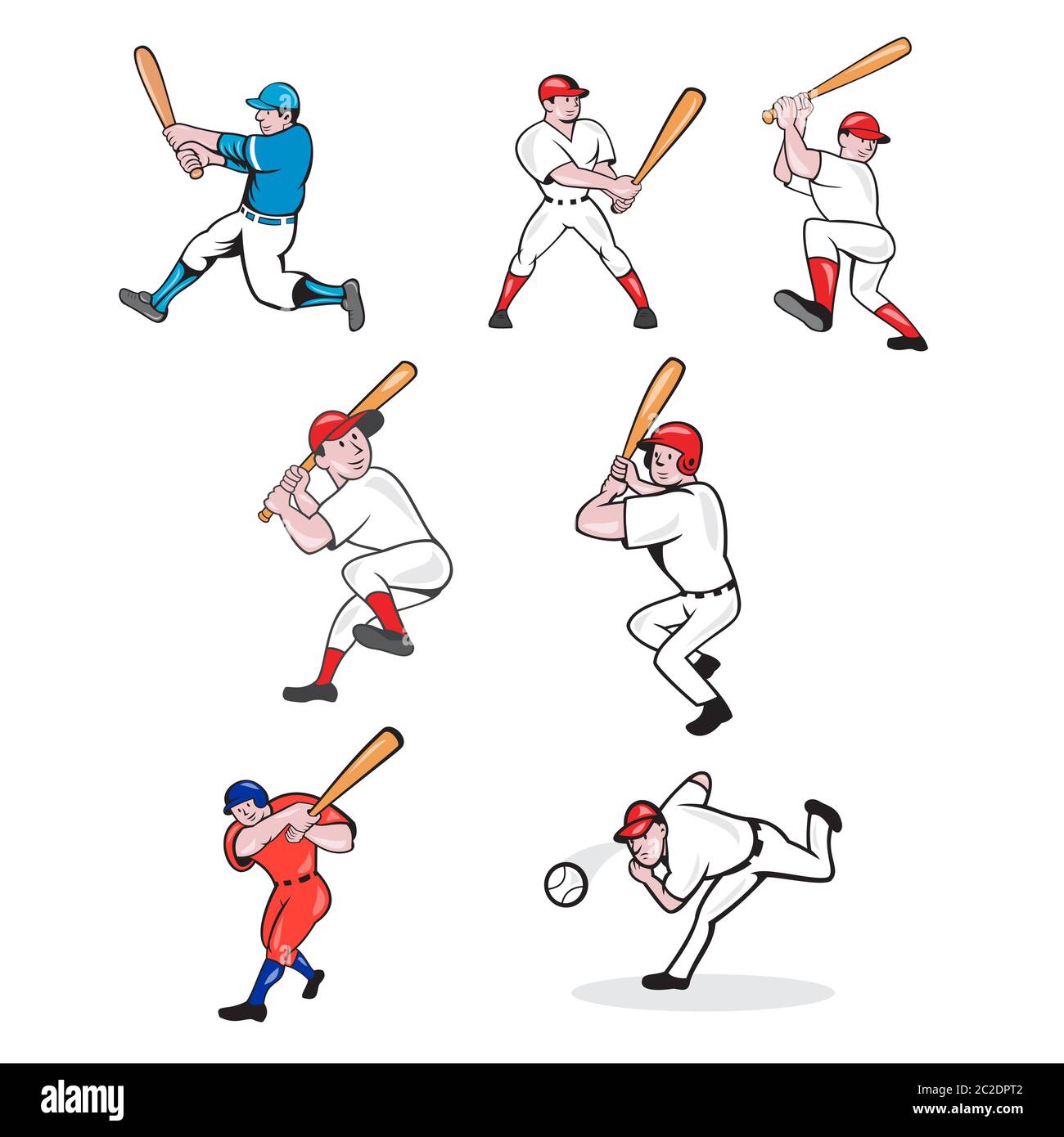 Set or collection illustration of American baseball player, pitcher or ...