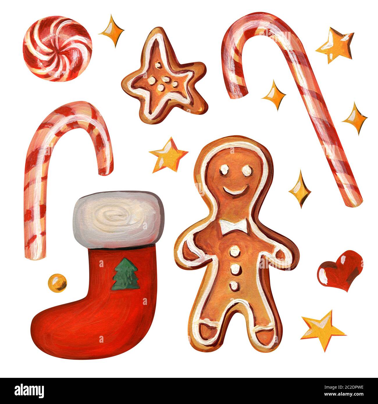 Set of christmas symbols. Yellow stars, red heart, caramel cane ...