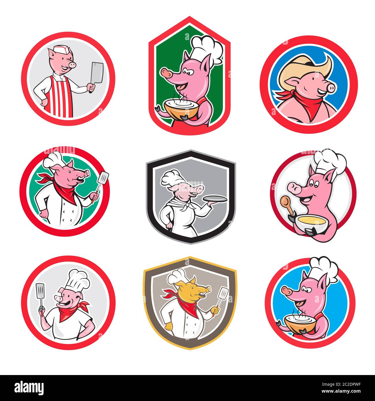 Set or collection of cartoon character mascot style illustration of pig ...