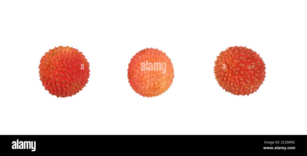 Three fresh red ripe lychee (Litchi chinensis) tropical fruits isolated ...