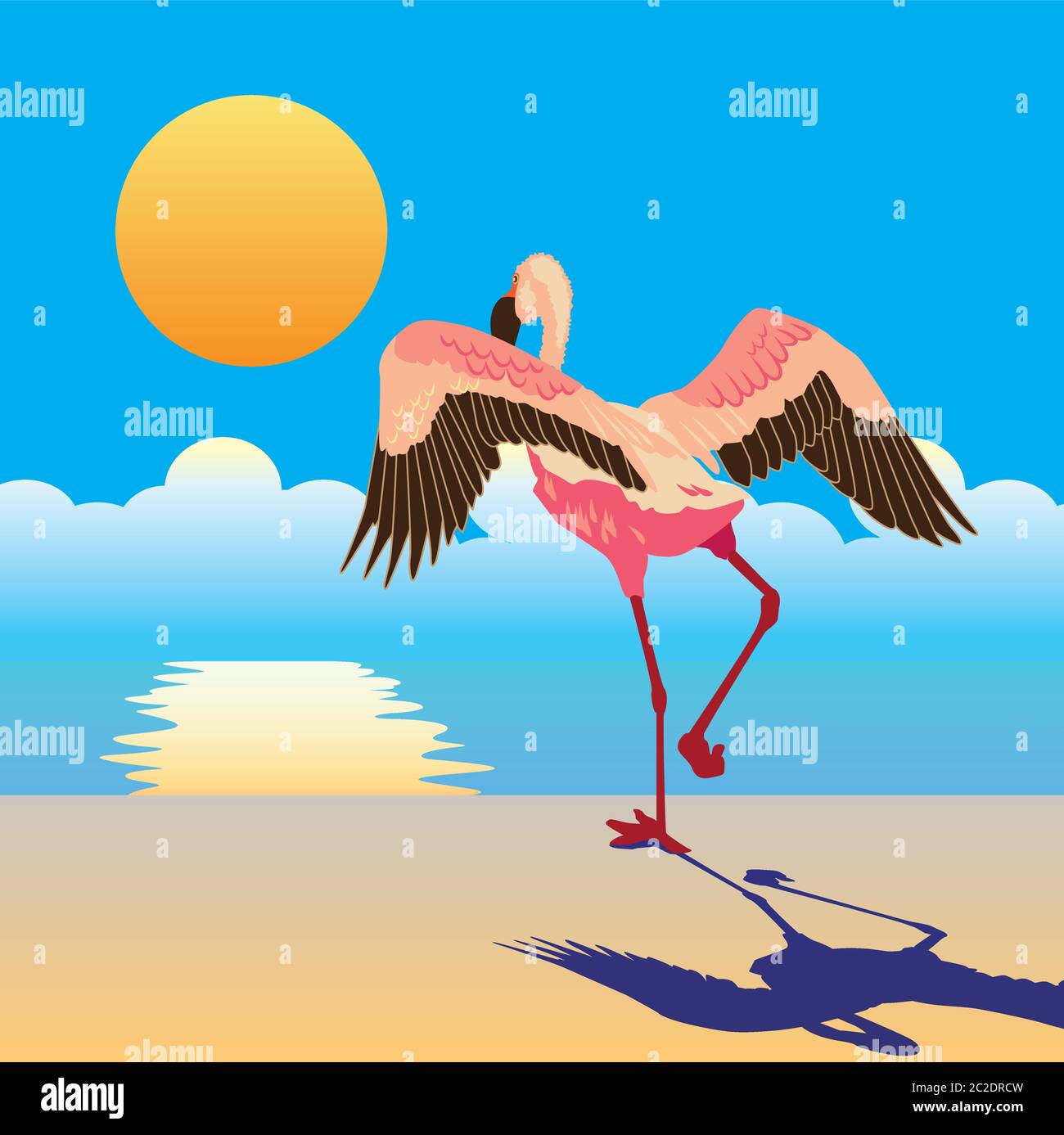 Stylized illustration of flamingo with wings spread on the shore Stock ...