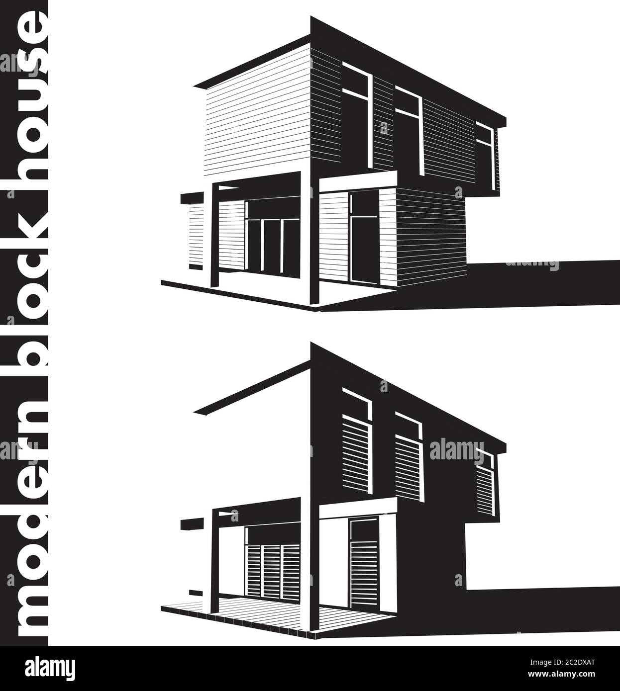 vector illustration of a stylized modern block house in two versions ...