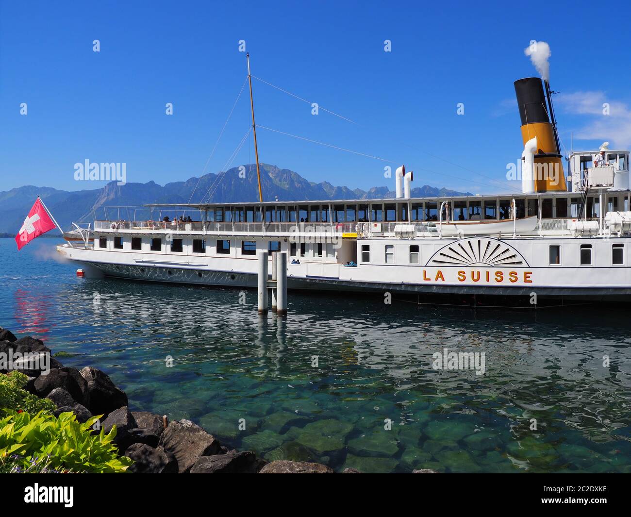 Paddle-wheel steam boat on Geneva Lake in Montreux city in Switzerland ...