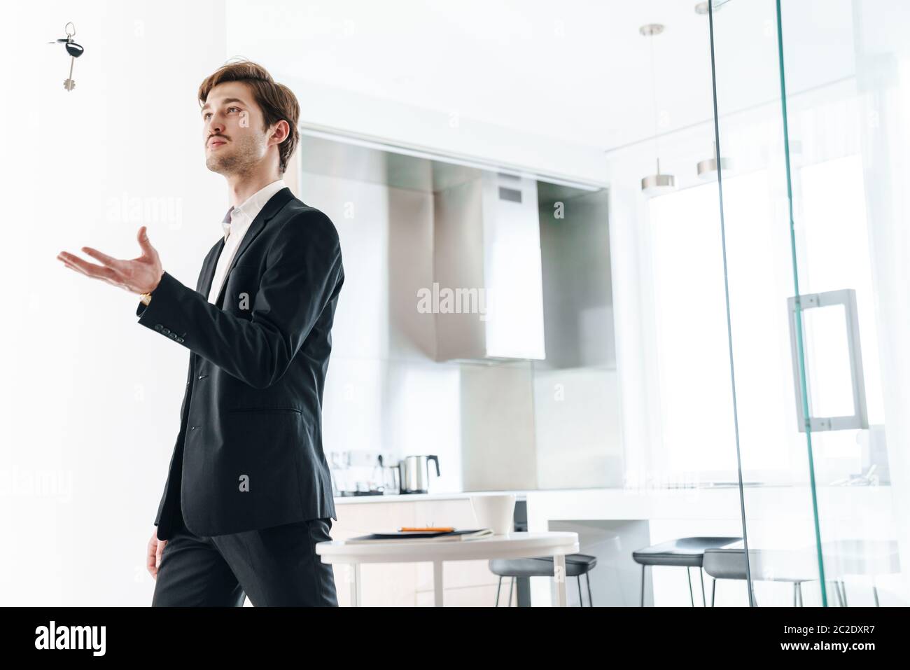 Photo of pleased handsome businessman wearing black suit throwing keys ...