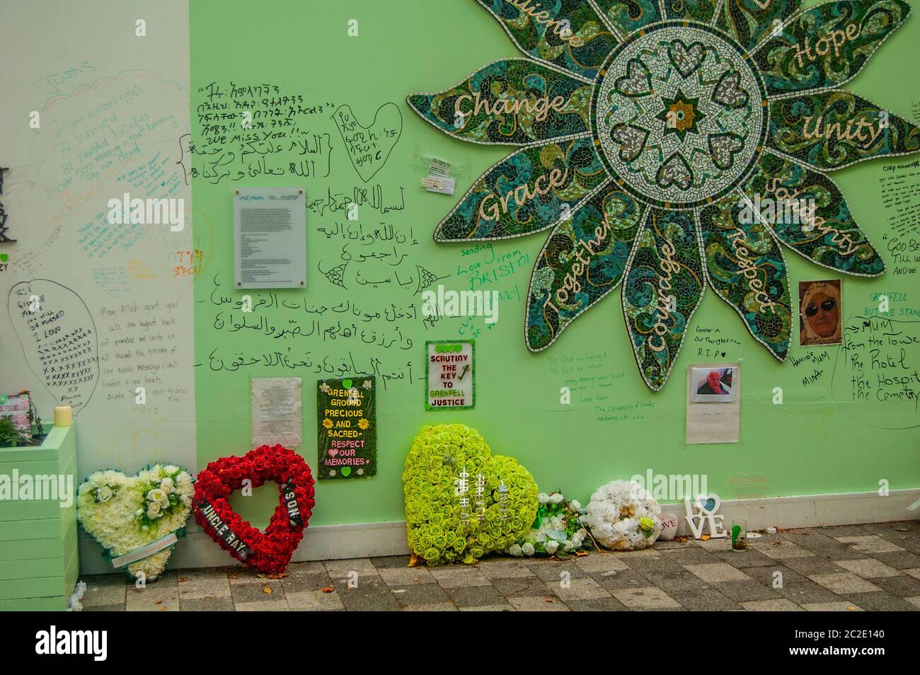 NORTH KENSINGTON/LONDON - JULY 18 2019: Grenfell Tower memorial wall ...