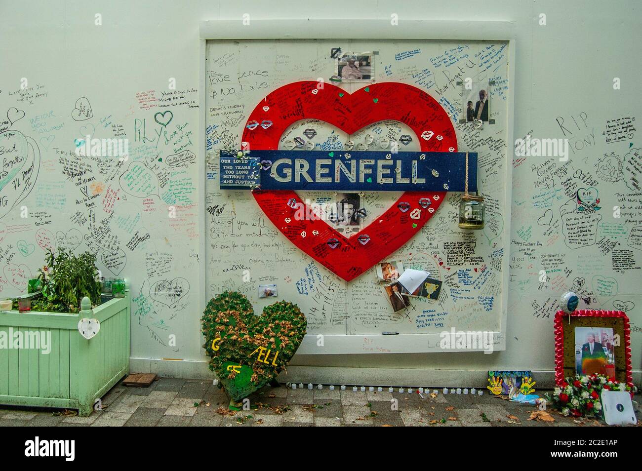 NORTH KENSINGTON/LONDON - JULY 18 2019: Grenfell Tower memorial wall ...