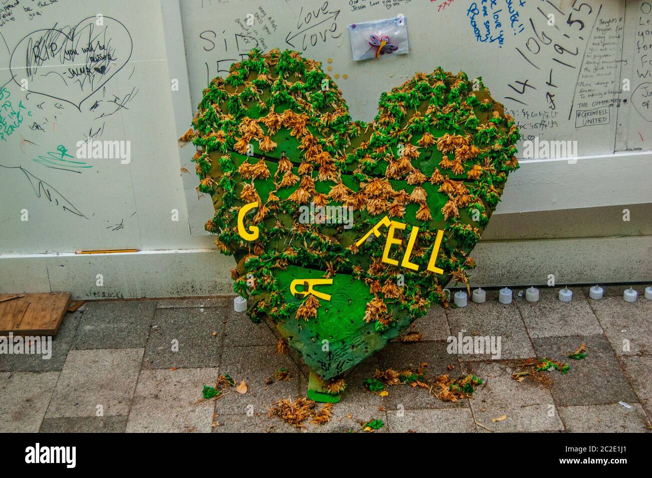 NORTH KENSINGTON/LONDON - JULY 18 2019: Grenfell Tower memorial wall ...