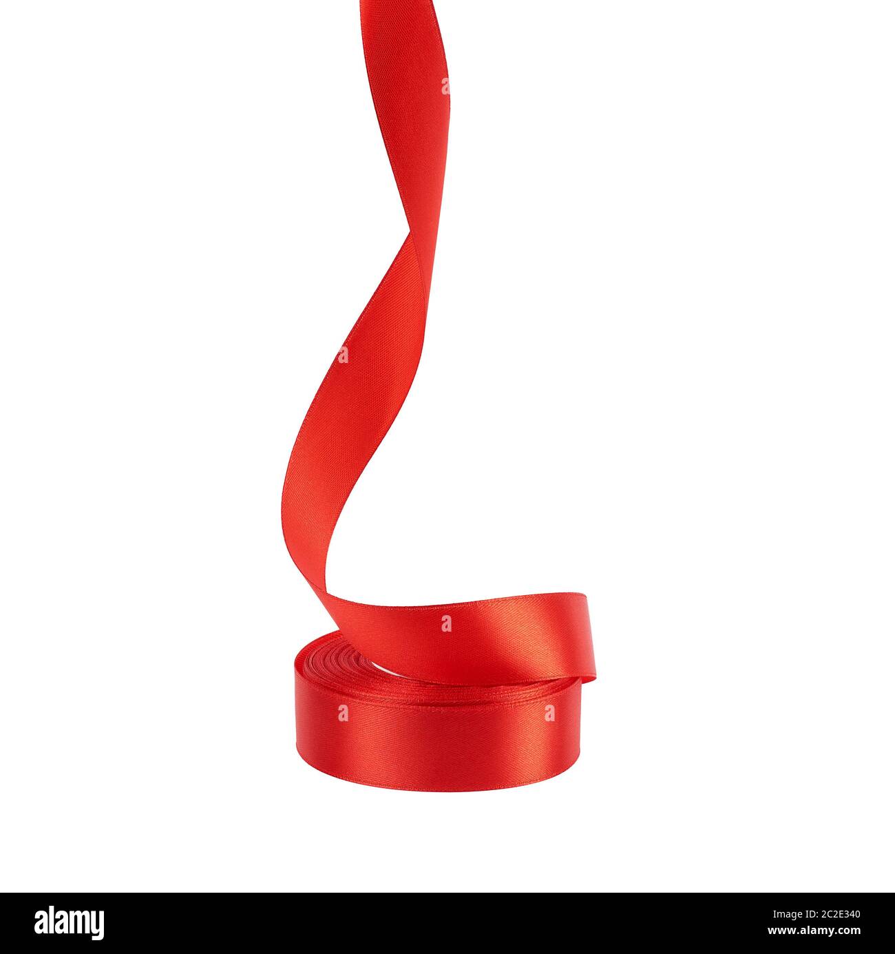 curled red satin ribbon isolated on white background, festive backdrop ...