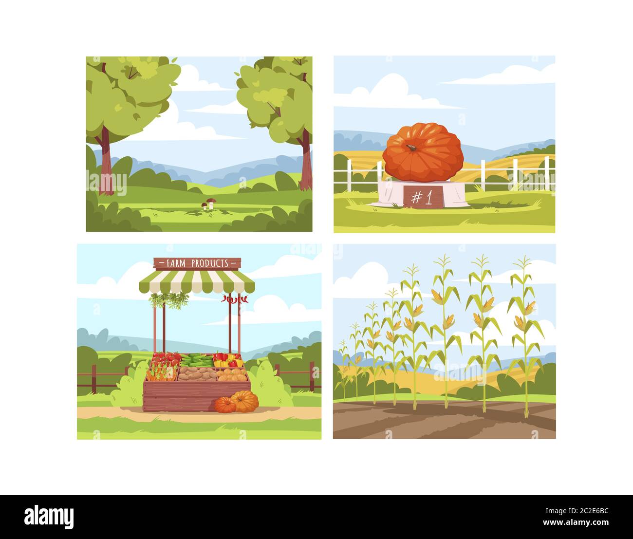 Farmers market scenes semi flat illustration set. Counter to sell ...
