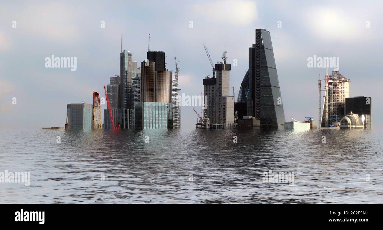 manipulated conceptual image of the city of london area flooded due to ...