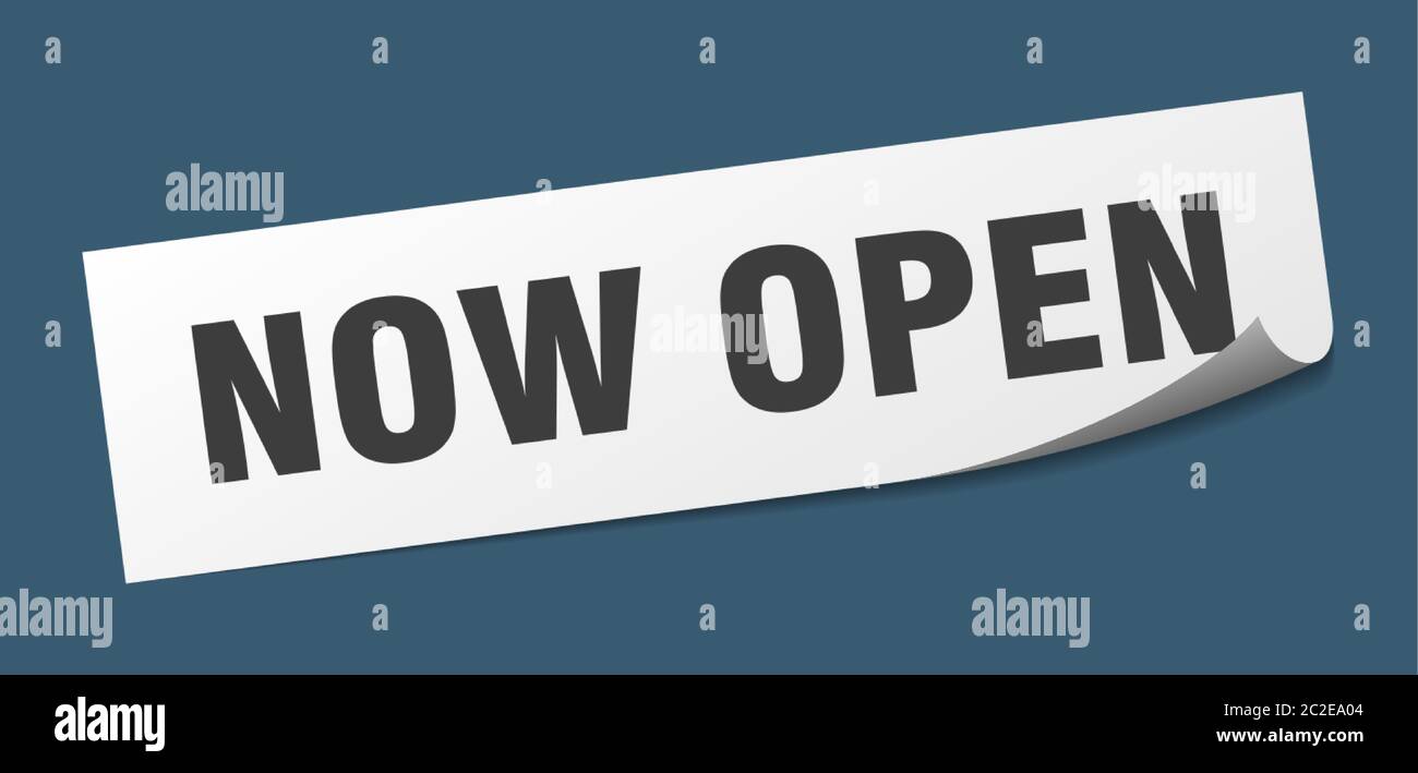 now open sticker. now open square isolated sign. now open label Stock ...