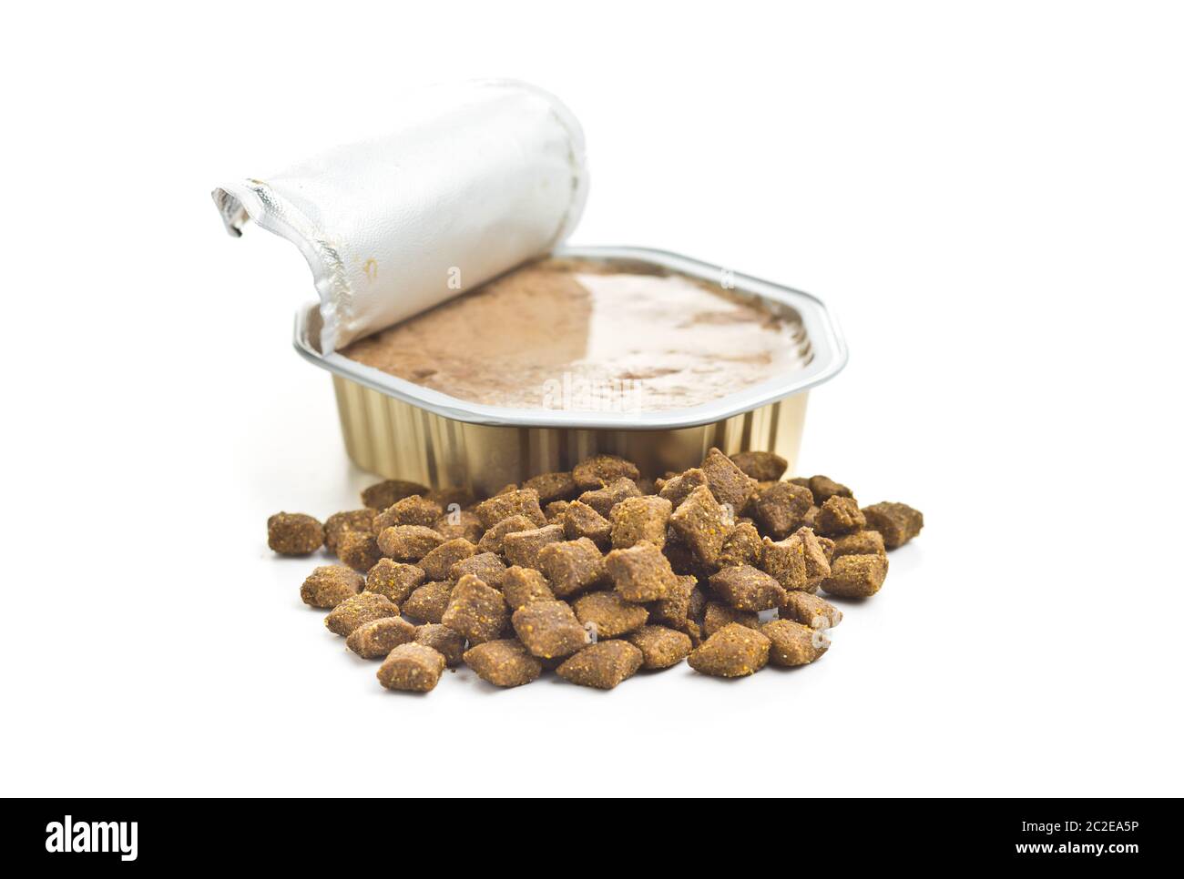 Wet and dry pet food. Cat or dog pate isolated on white background ...